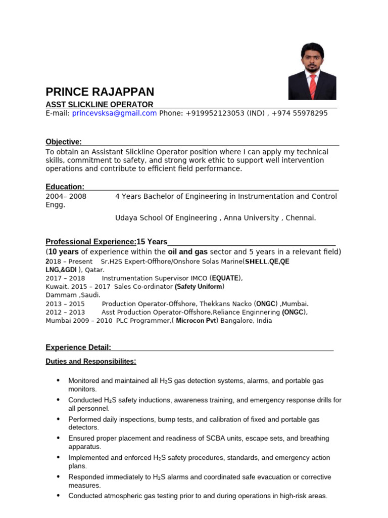 Assistant Slickline Operator Resume | PDF | Safety | Regulatory Compliance