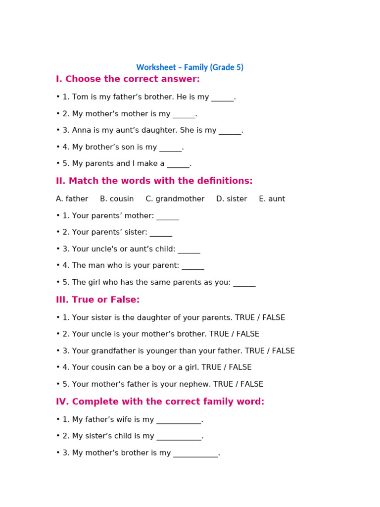 Family Worksheet for Grade 5 Students | PDF