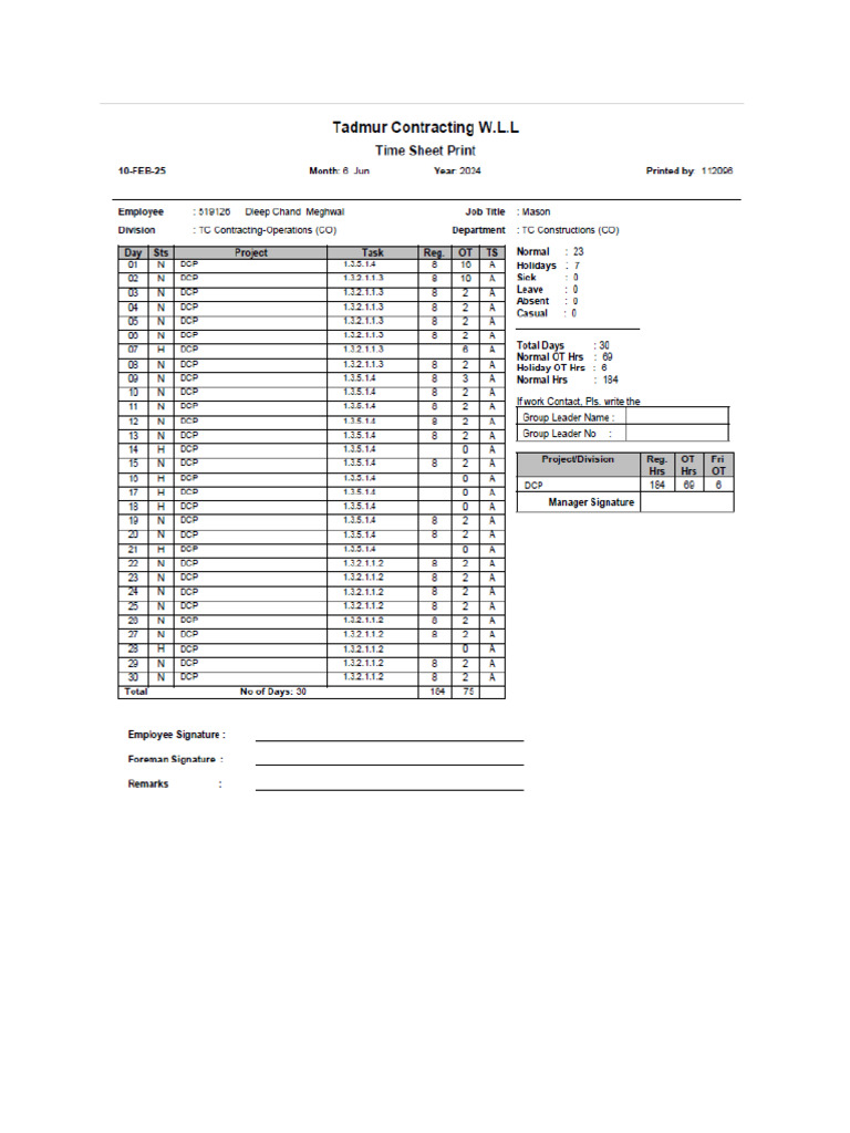 Sample Time Sheets | PDF