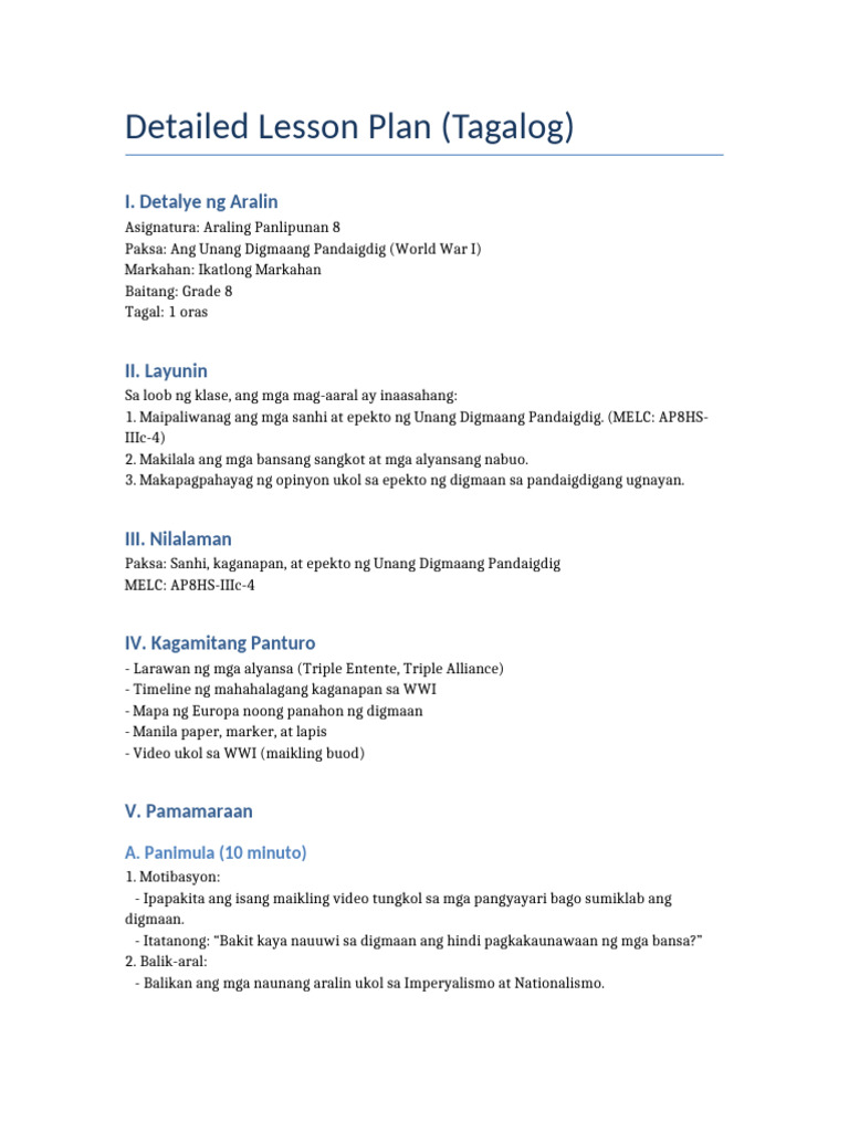Lesson Plan Unang Digmaang Pandaigdig Taglish | PDF