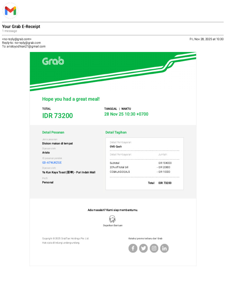 E-Receipt Grab: Diskon Makan IDR 73200 | PDF