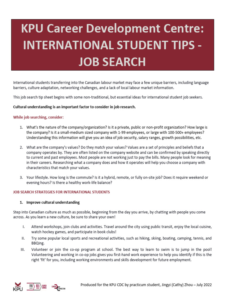 KPU International Student Job Search Tip Sheet | PDF | Business
