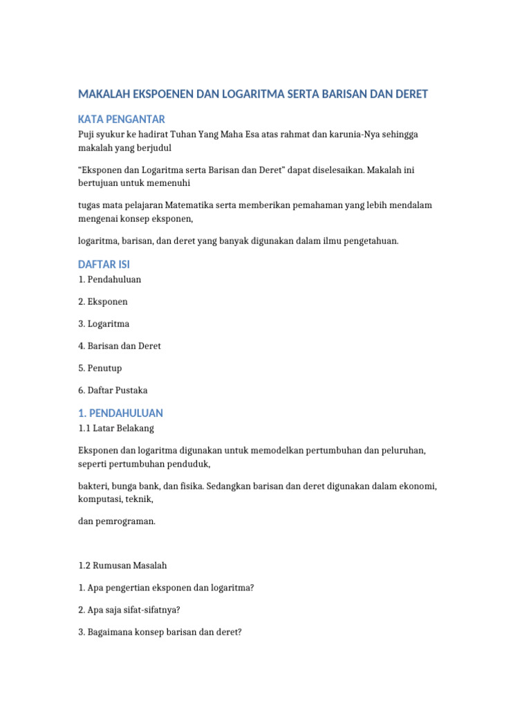 Makalah Eksponen Logaritma Barisan Deret | PDF