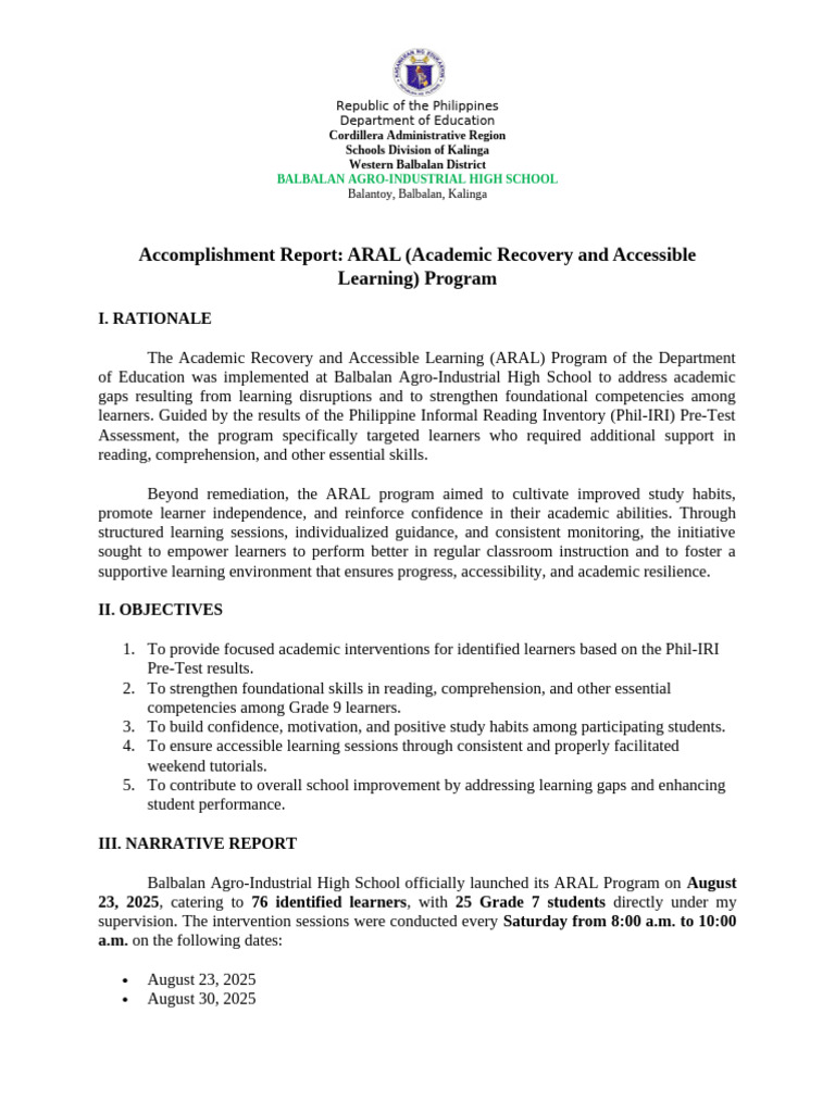 ARAL Program Accomplishment Report | PDF | Learning | Reading Comprehension