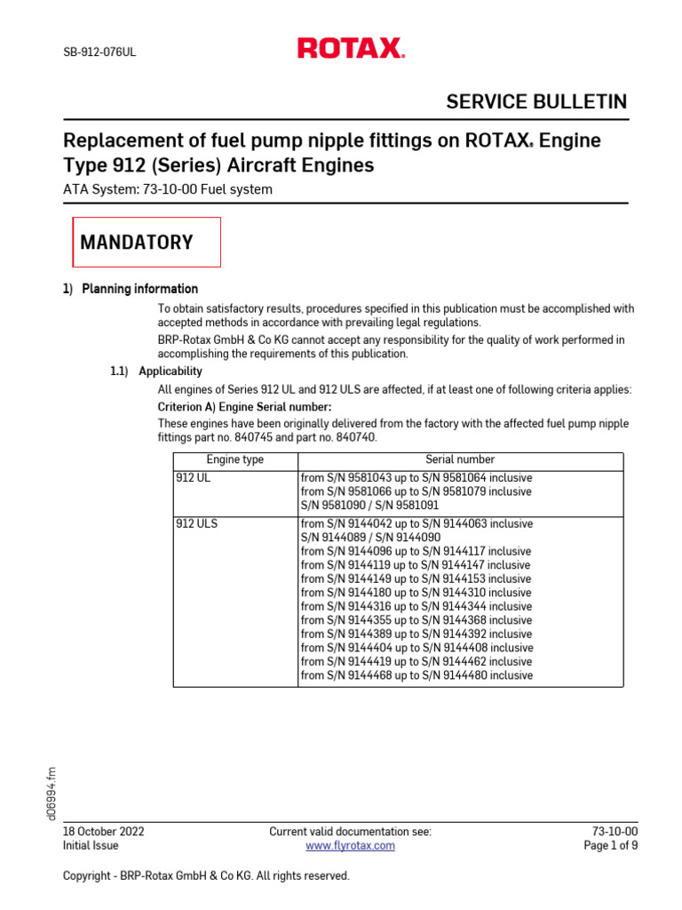 SB-912-076UL - Replacement of Fuel Pump Nipple Fittings On ROTAX Engine ...