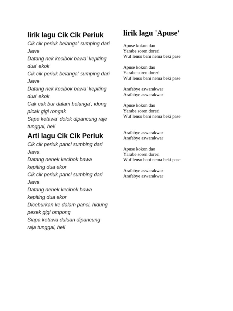 Lirik Lagu Cik Cik Periuk | PDF