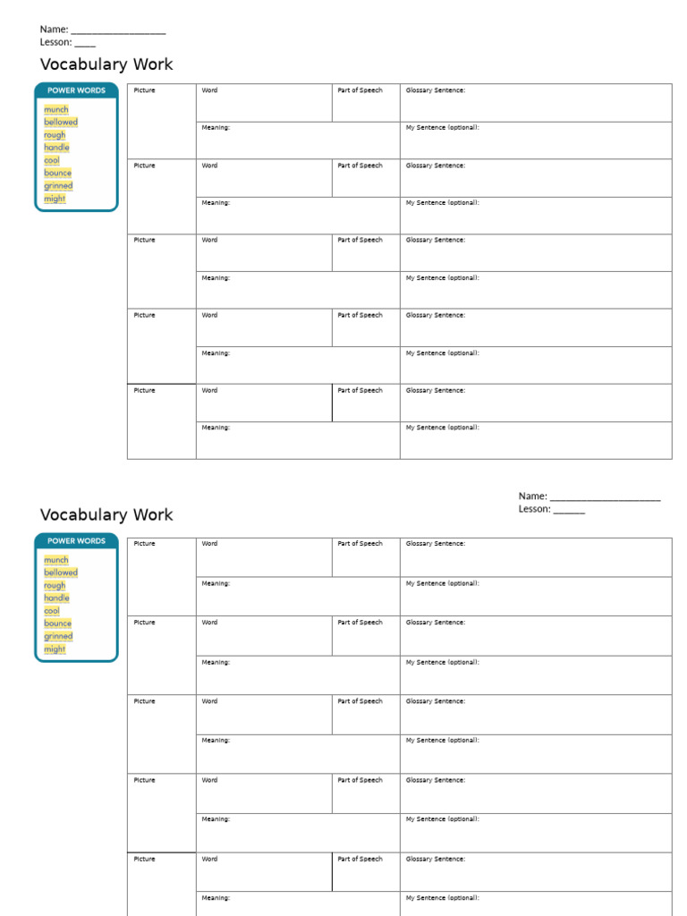 Vocabulary Work Template for Students | PDF
