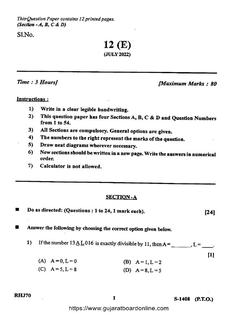 Gseb Class 10 Standard Mathematics 12 e Jul 2022 | PDF