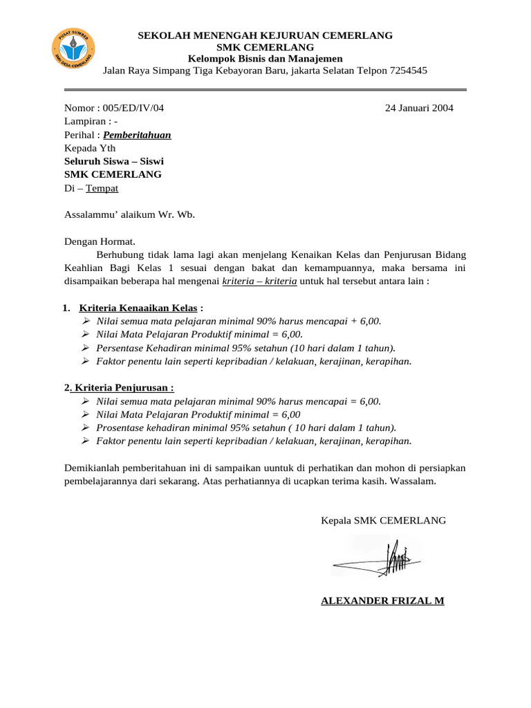 Kriteria Kenaikan Kelas SMK Cemerlang | PDF