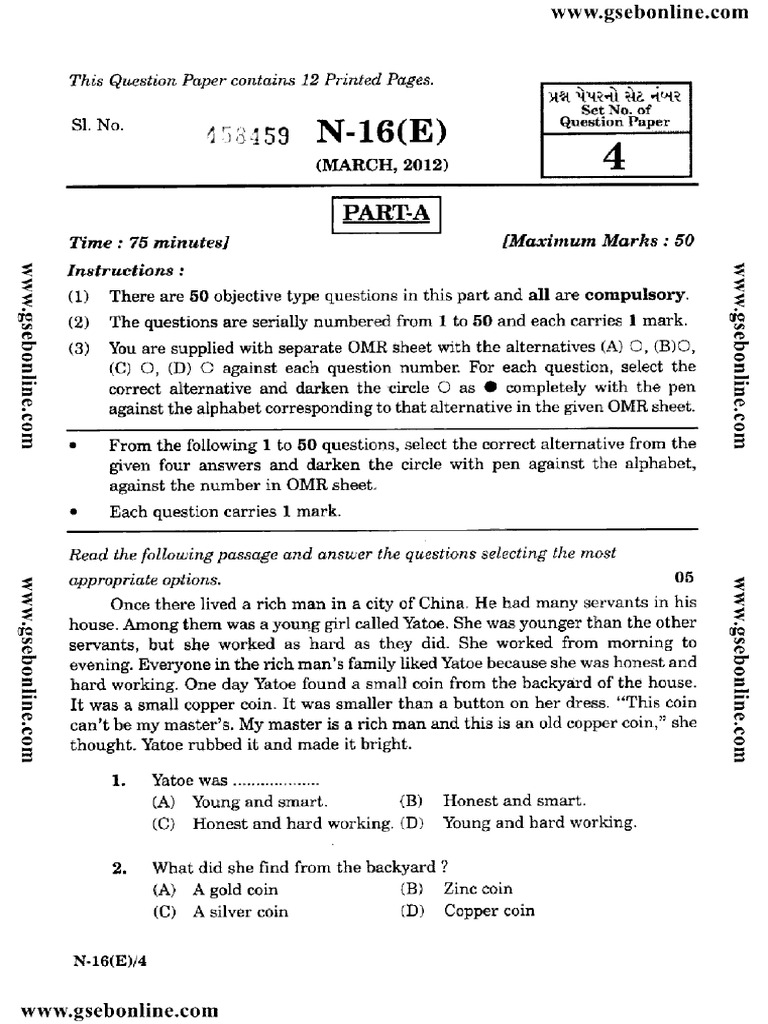 Gseb Class 10 English Second Language n 16 e Mar 2012 | PDF