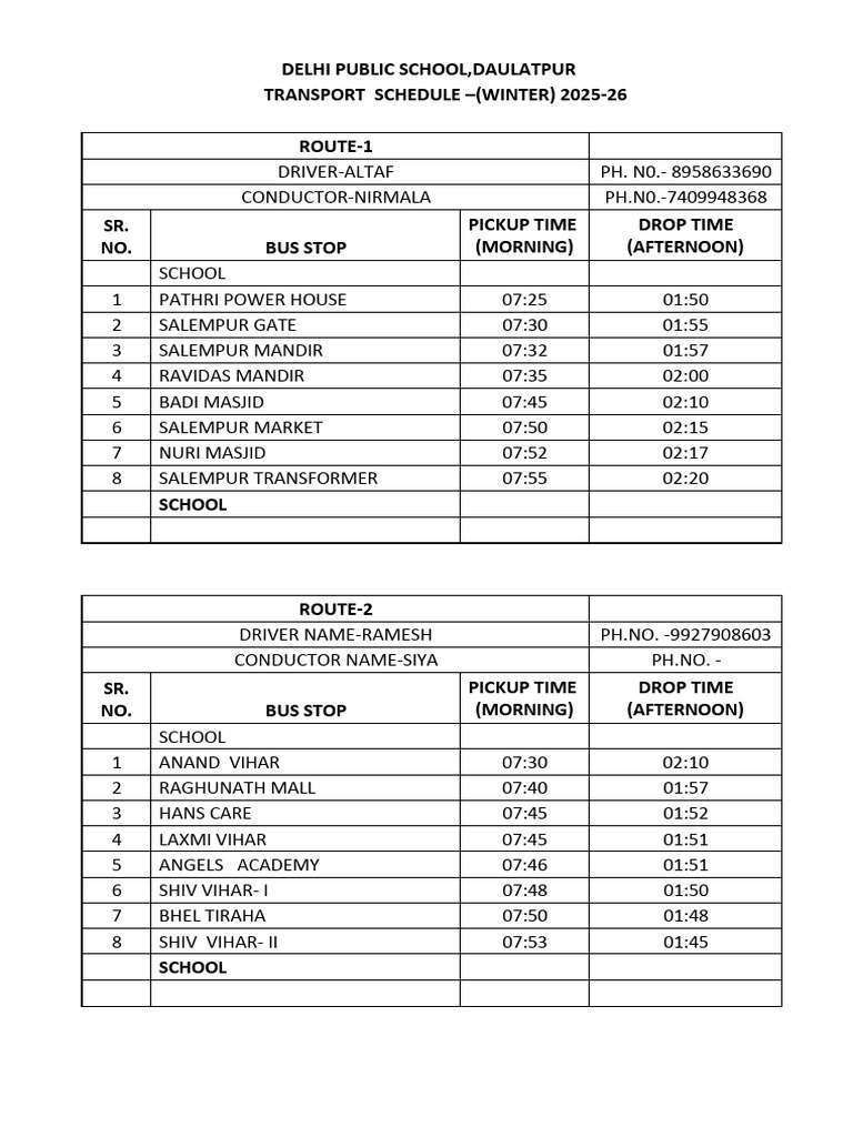 Delhi Public School Daulatpur Winter Transport Schedule 2025-26 | PDF