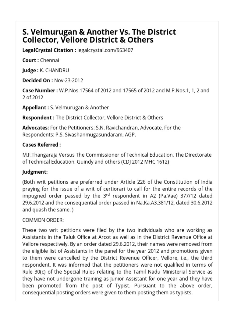 S. Velmurugan & Another Vs District Collector, Vellore | PDF | Justice ...