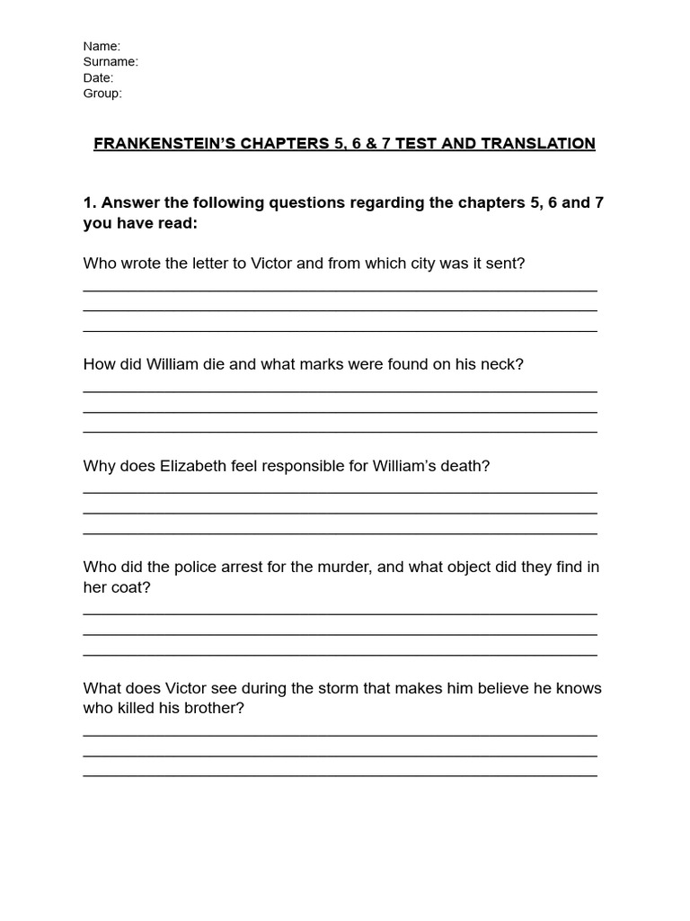 FRANKENSTEIN’S CHAPTERS 5, 6 & 7 TEST AND TRANSLATION - Documents de ...