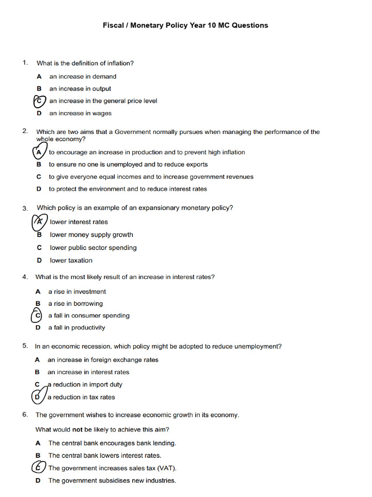 Fiscal _ Monetary Policy Year 10 MC Questions (1) | PDF