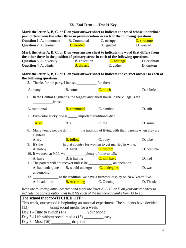 E8 End Term 1 Test 01 Answer Key | PDF