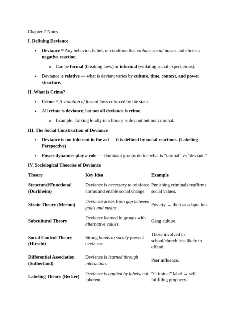 Chapter 7 Notes | PDF | Deviance (Sociology) | Crimes