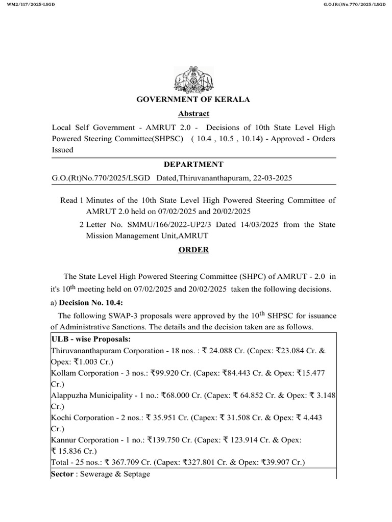 AMRUT 2.0: Kerala SHPSC Decisions | PDF | Environmental Engineering ...