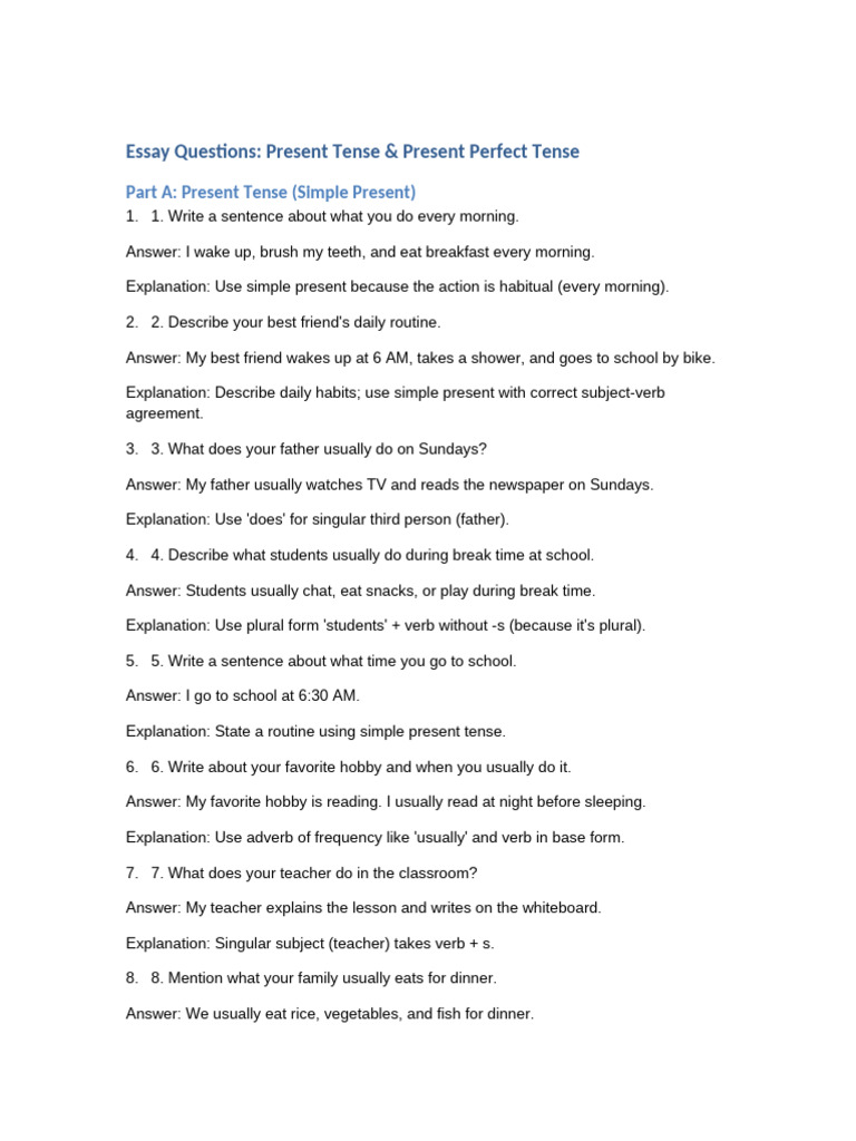 Essay Present Tense and Present Perfect Tense With Answers | PDF ...