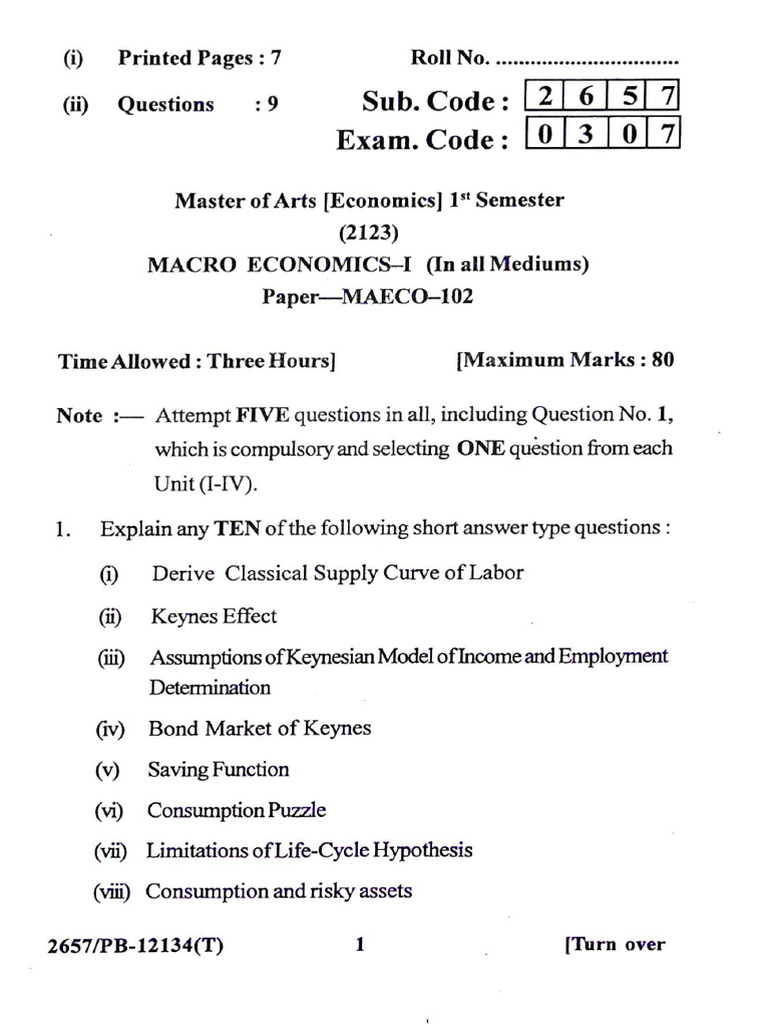 MA - Economics - 1st Sem - MAECO - 102 - Macro Economics I - December ...