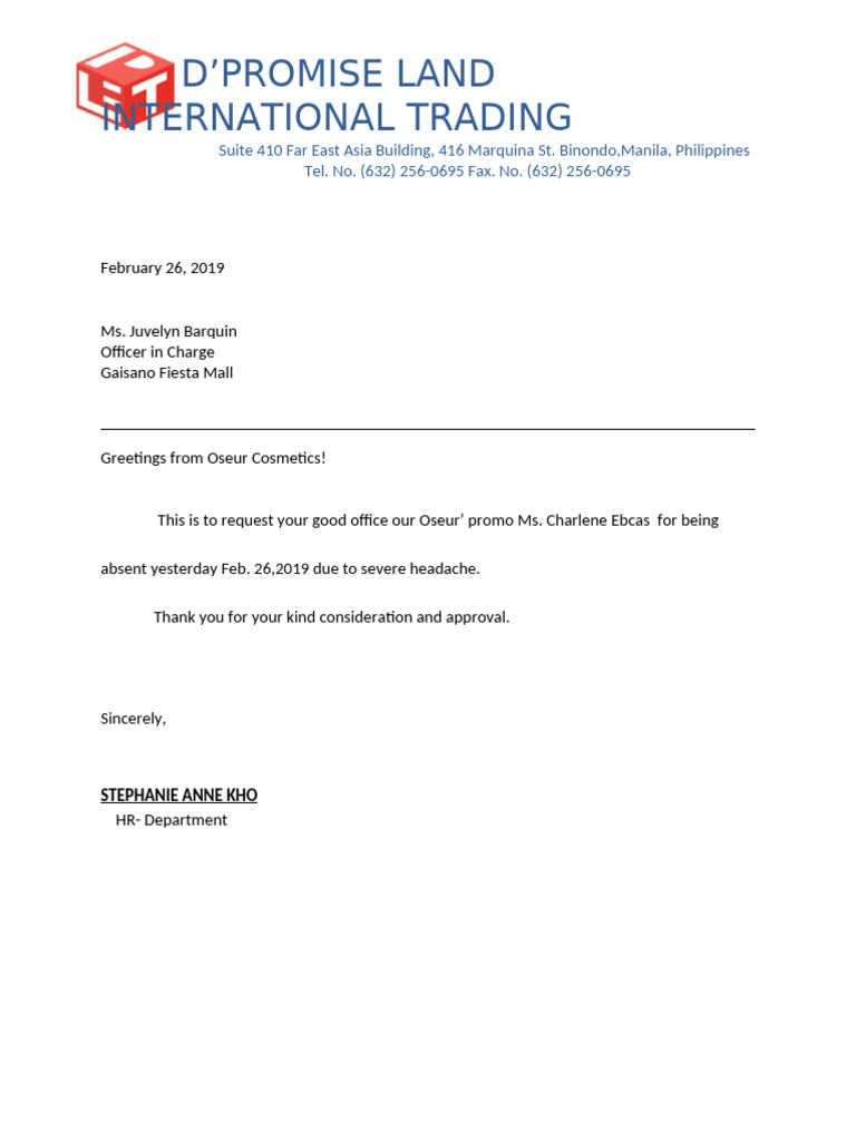 Oseur Cosmetics Absence Request Letter | PDF