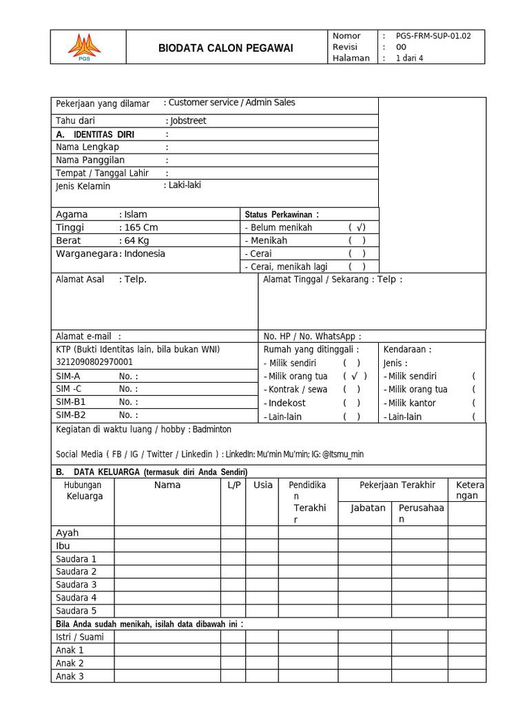 Biodata Calon Pegawai Customer Service | PDF