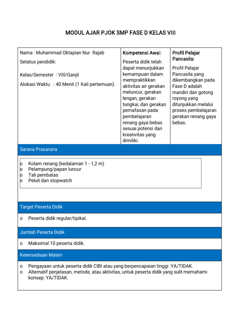 Modul Ajar Renang Gaya Bebas SMP | PDF