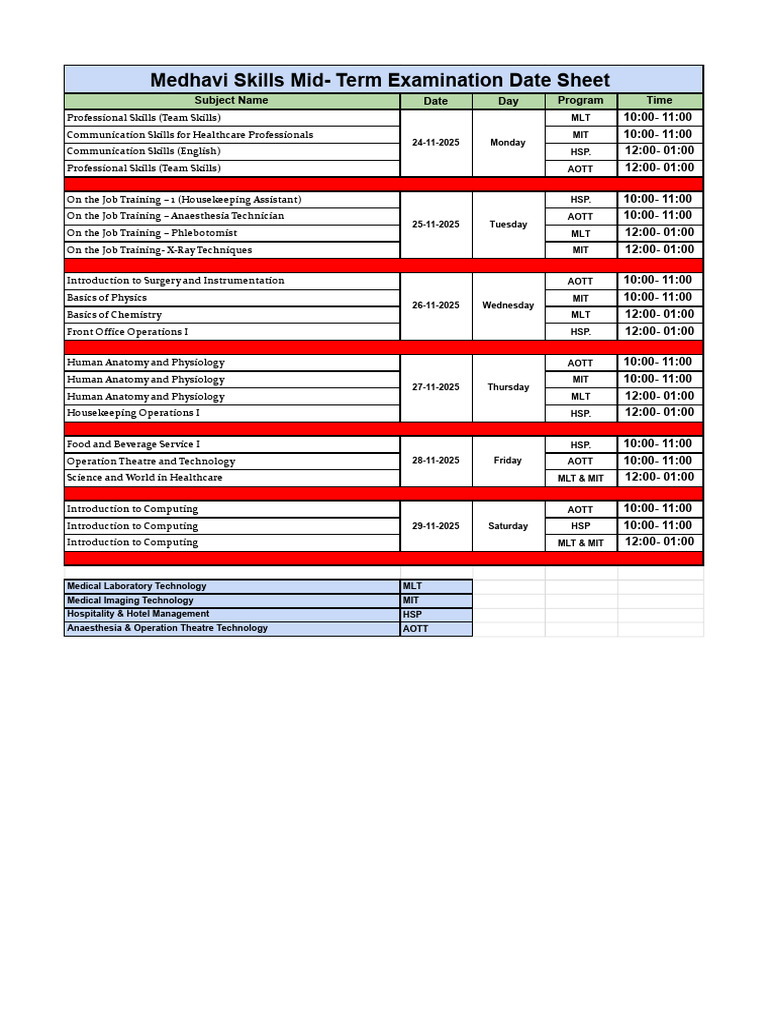 Midterm Time Table (NOV-2025) - Nov 2025 | PDF | Health Care | Medicine