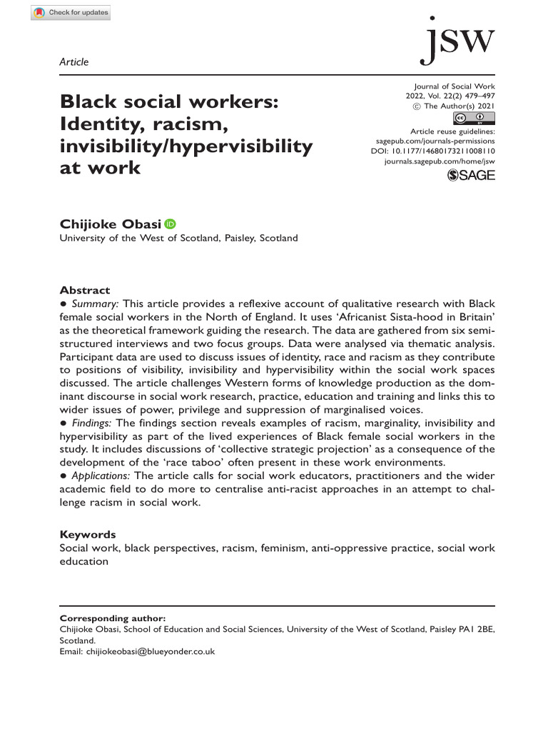 Obasi 2021 Black Social Workers Identity Racism Invisibility ...