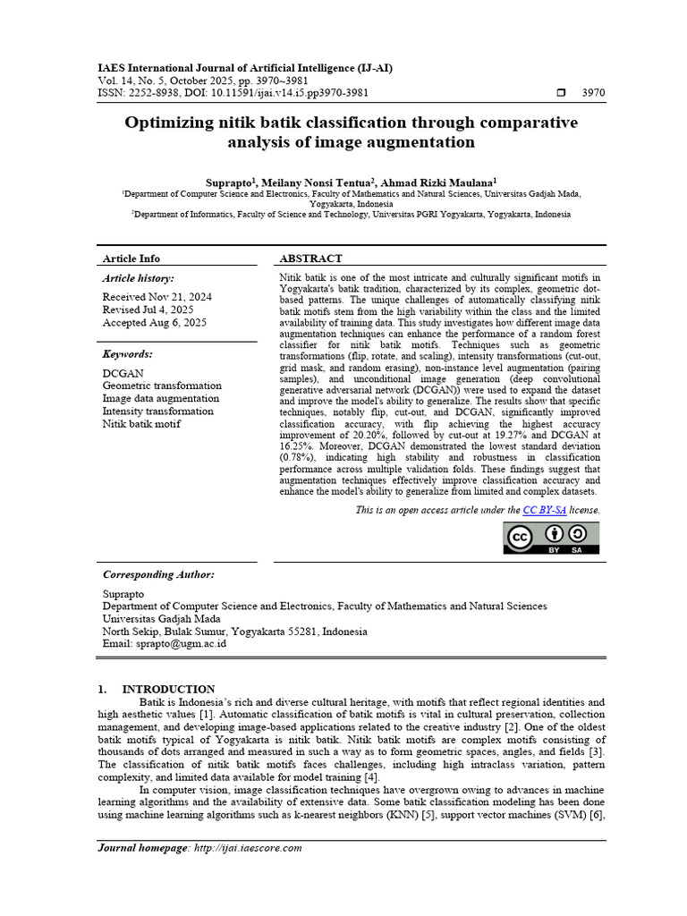 Optimizing nitik batik classification through comparative analysis of image augmentation | PDF ...
