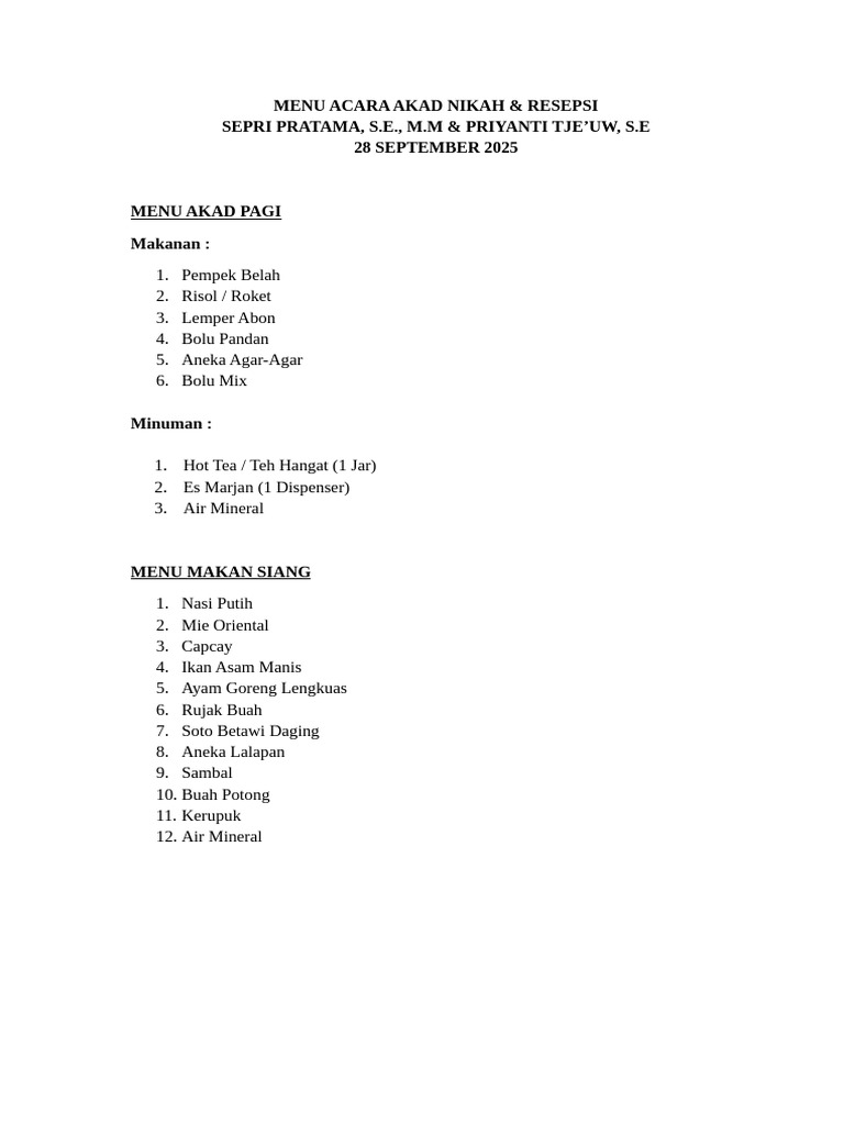 Menu Akad Nikah Sepri & Priyanti 2025 | PDF