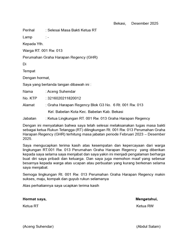 Selesai Masa Bakti Ketua RT 001 GHR | PDF