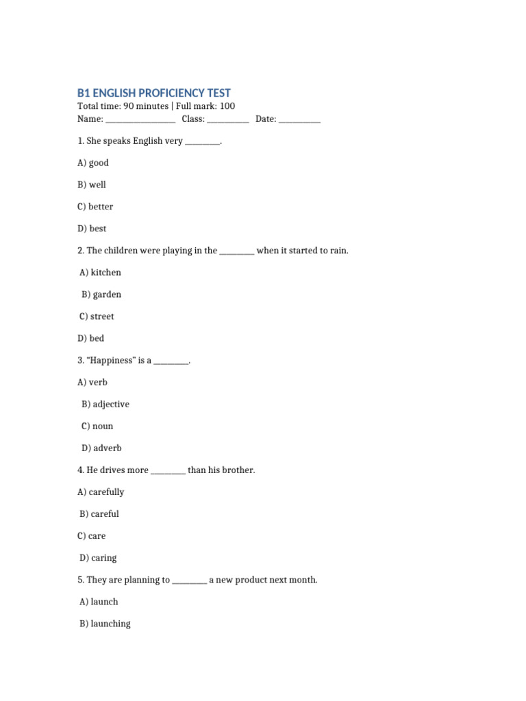 B1 English Test Student Version FULL | PDF | English Language | Adjective