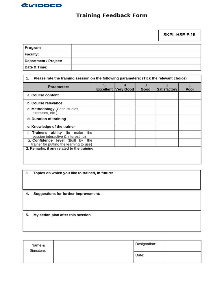 SKPL-HSE-F-15 Safety Training Feedback Format Docx | PDF