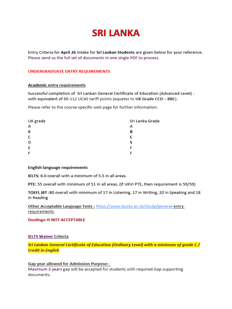 Sri Lanka Student Entry Criteria April 2023 | PDF | International ...