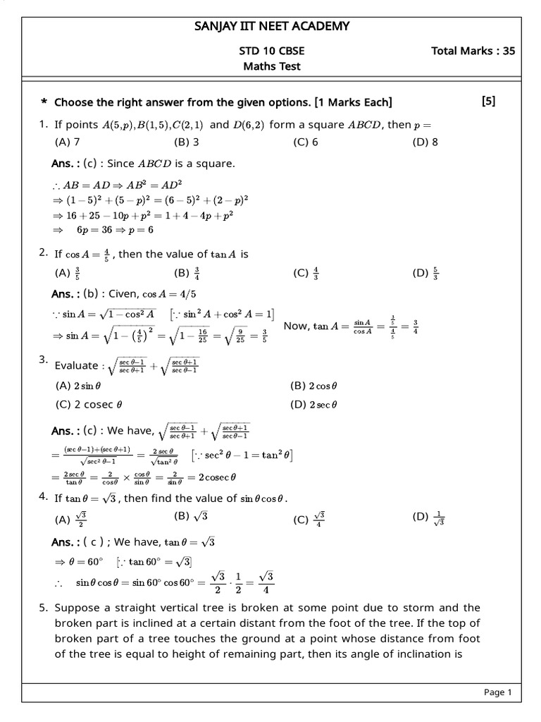 Maths Test _solution | PDF | Trigonometric Functions | Elementary Geometry
