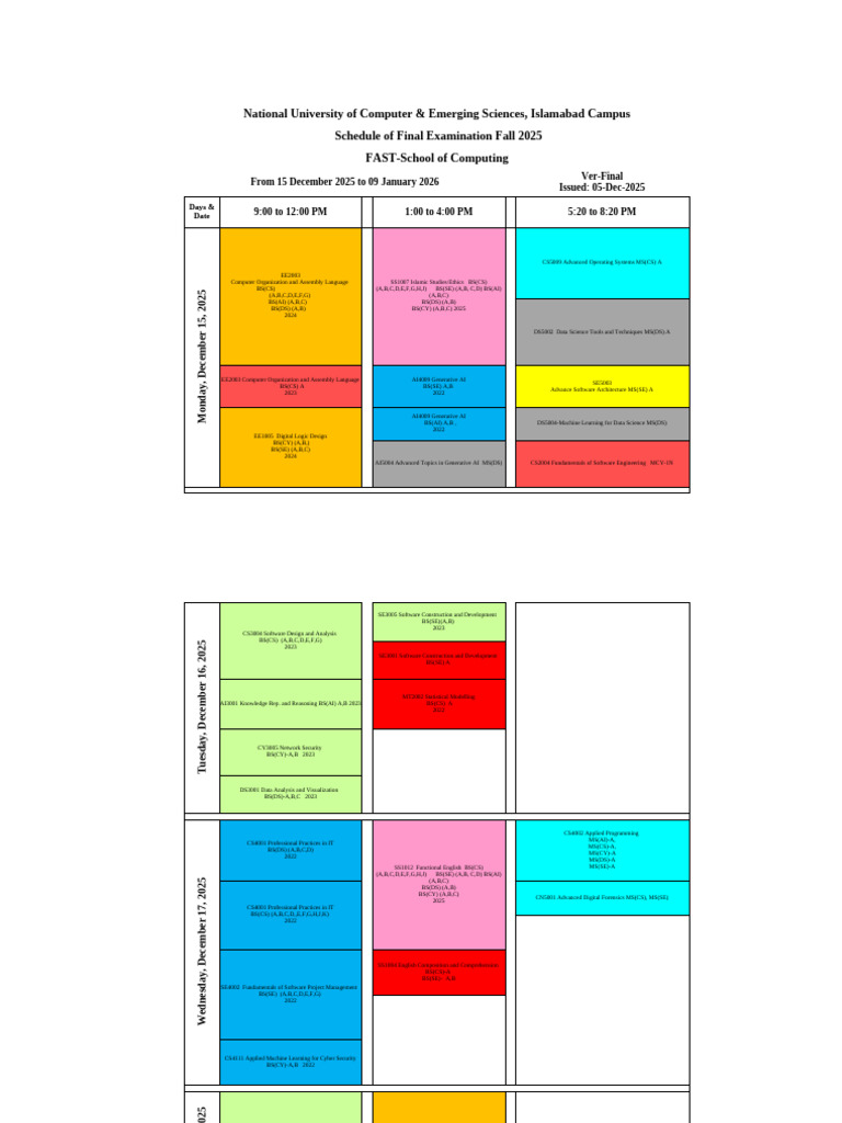 Final Exams Schedule Fall 2025 Ver Final as on 09-12-2025 | PDF ...