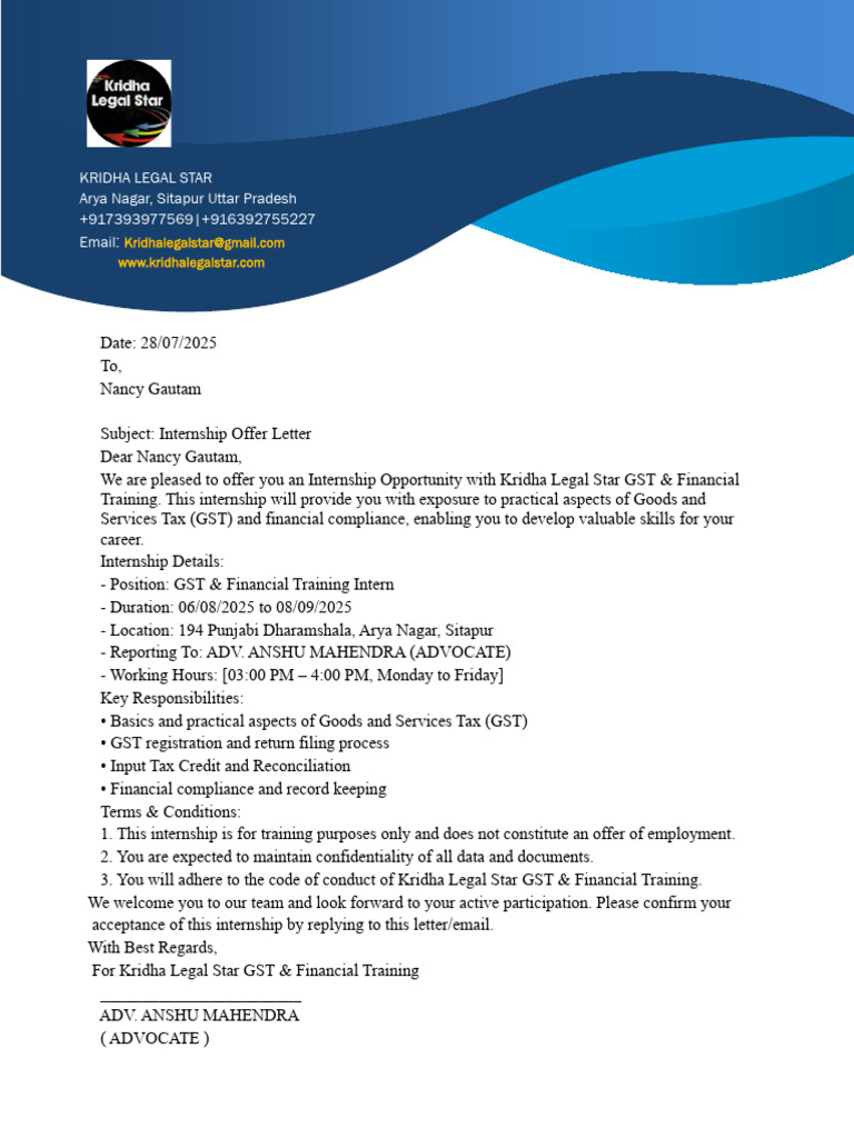 Offer Letter of Nancy Gautam | PDF