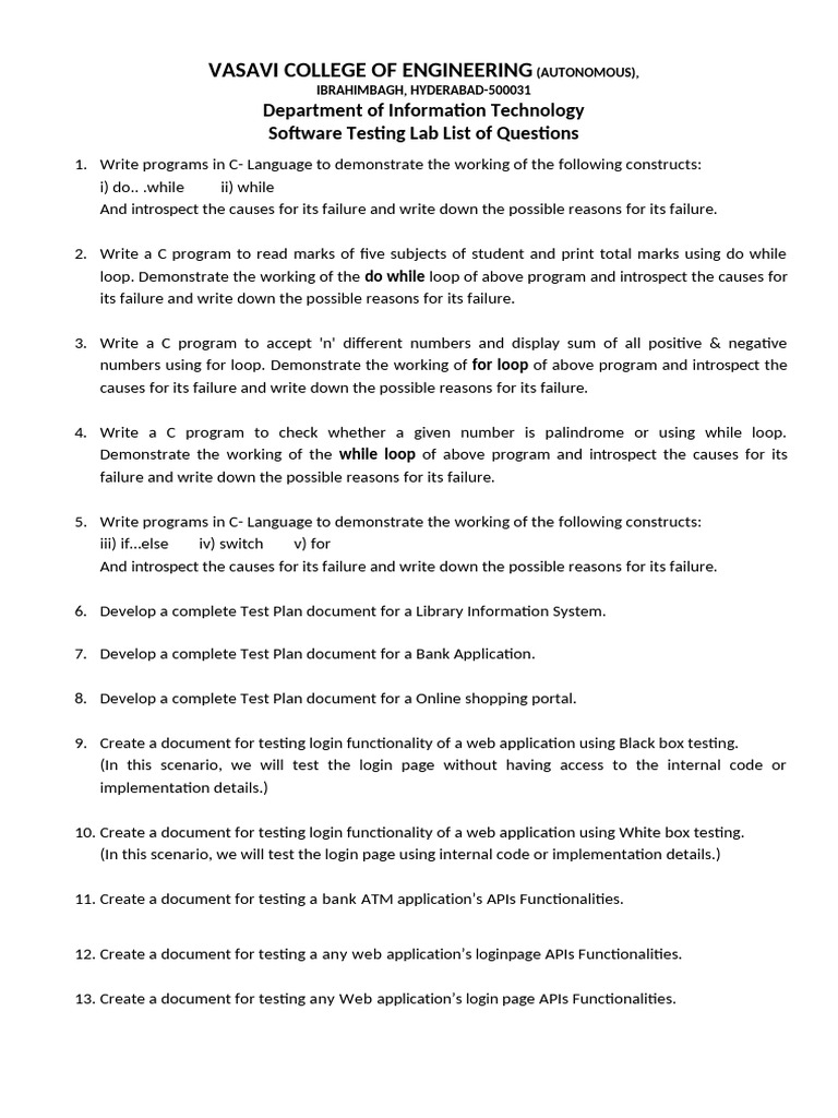 C Programming & Software Testing Questions | PDF | Login | Software Testing