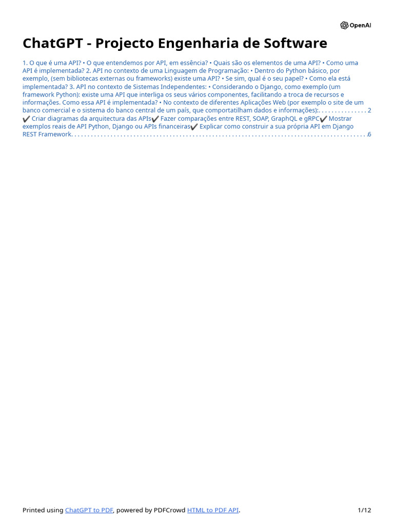 ChatGPT - Projecto Engenharia de Software - Conceitos de API | PDF | Python (linguagem de ...