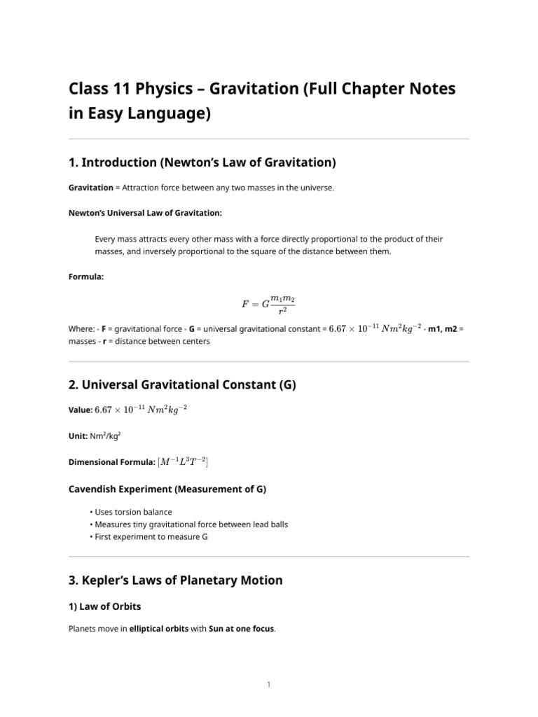 Class 11 Physics: Gravitation Notes | PDF | Newton's Law Of Universal ...