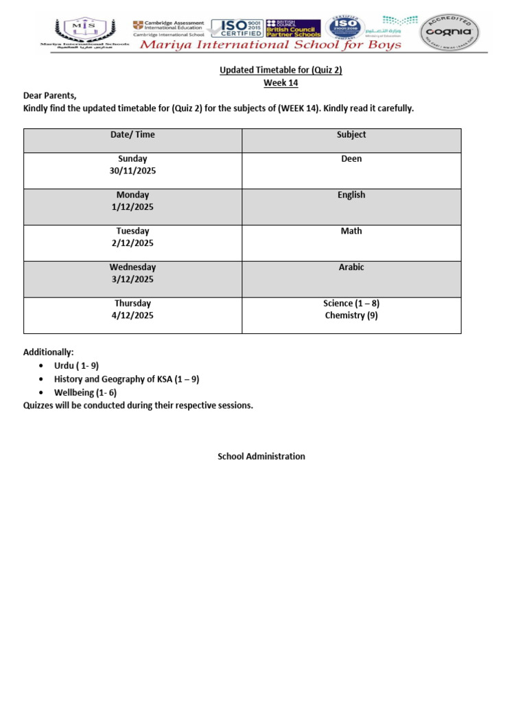 Updated Quiz Time Table - WEEK 14 | PDF