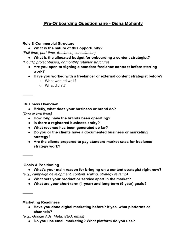 Pre-Onboarding Questionnaire for Content Strategists | PDF | Marketing ...