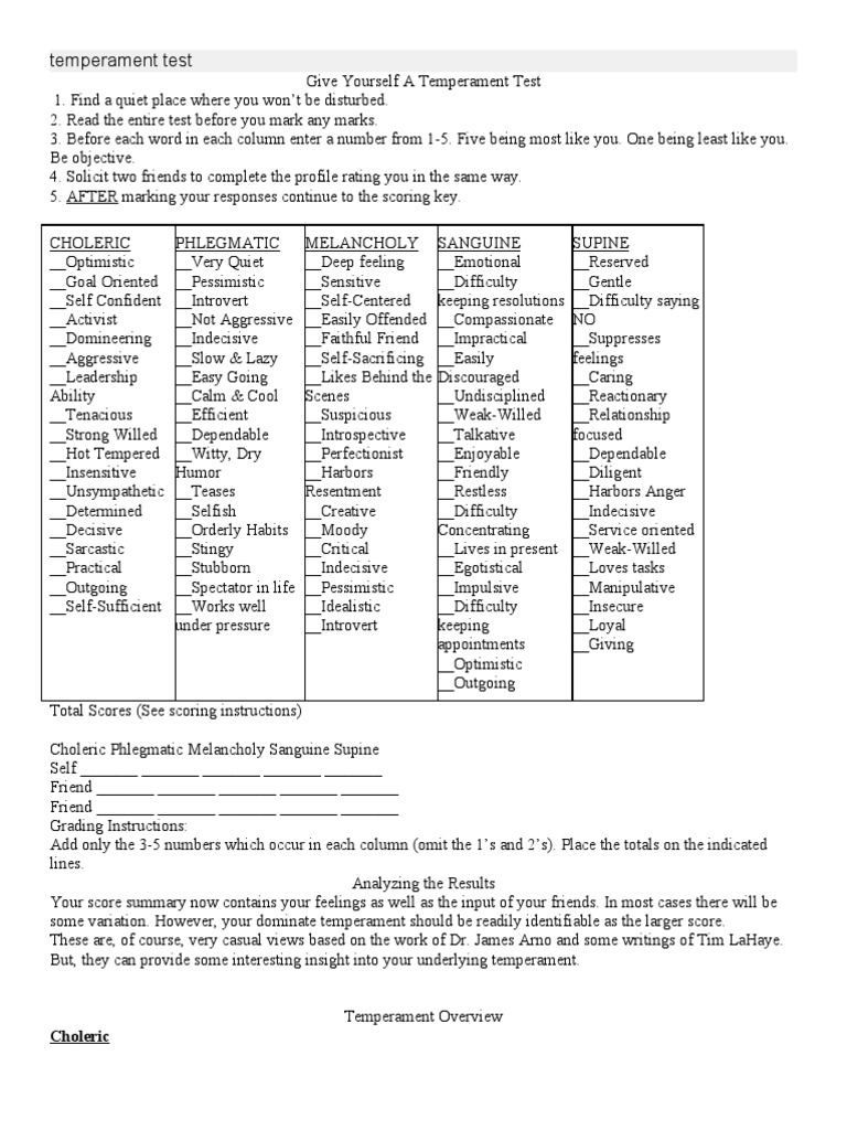 Temperament Test | PDF | Temperament | Metaphysics Of Mind