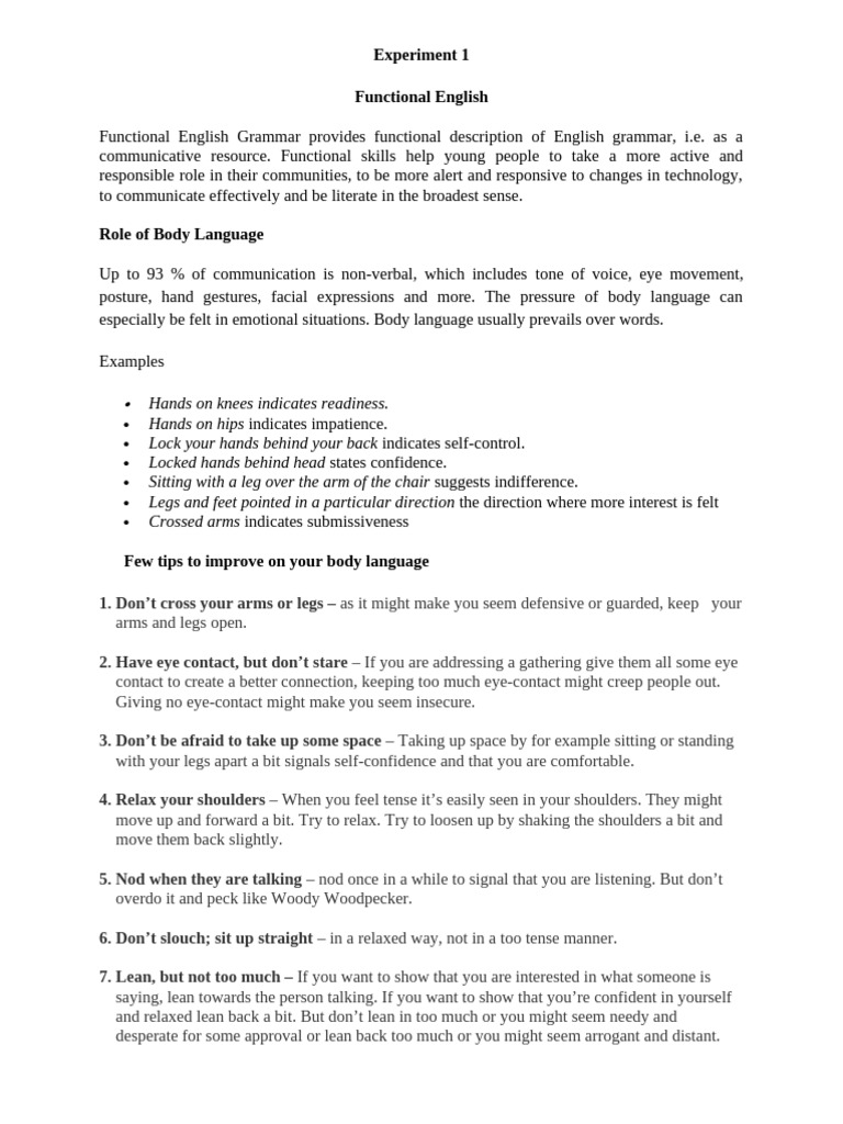 Exp. 1 Functional English | PDF | Body Language | Human Communication