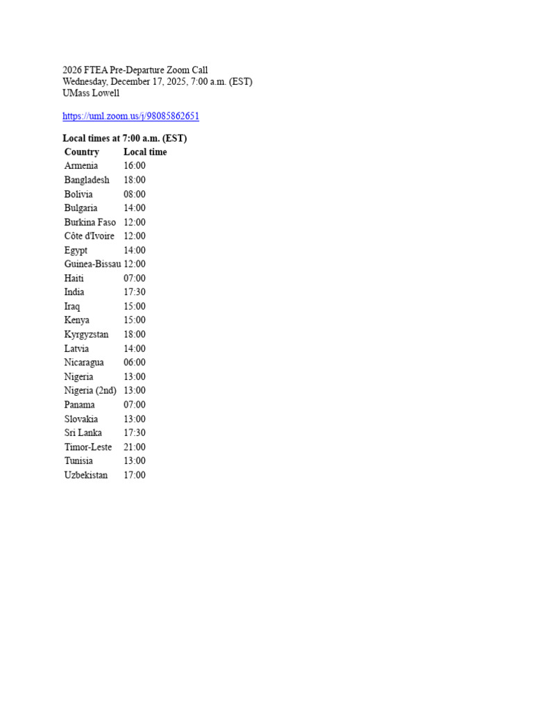 2026 FTEA Zoom Call Local Times | PDF