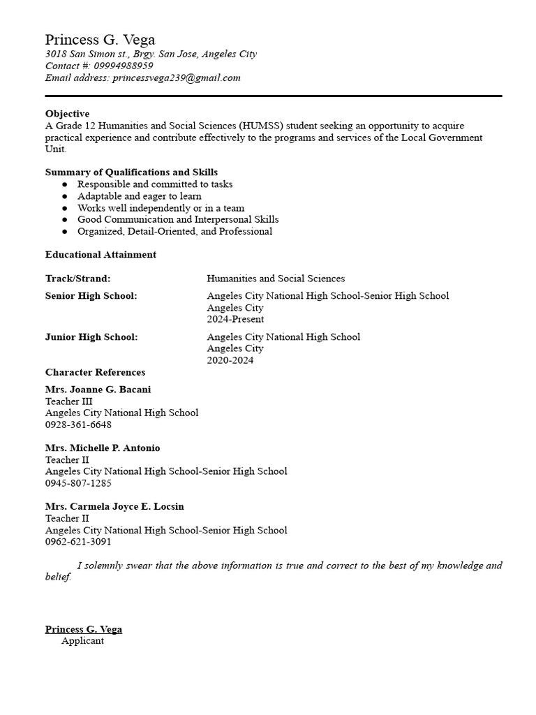 Grade 12 HUMSS Student Resume | PDF