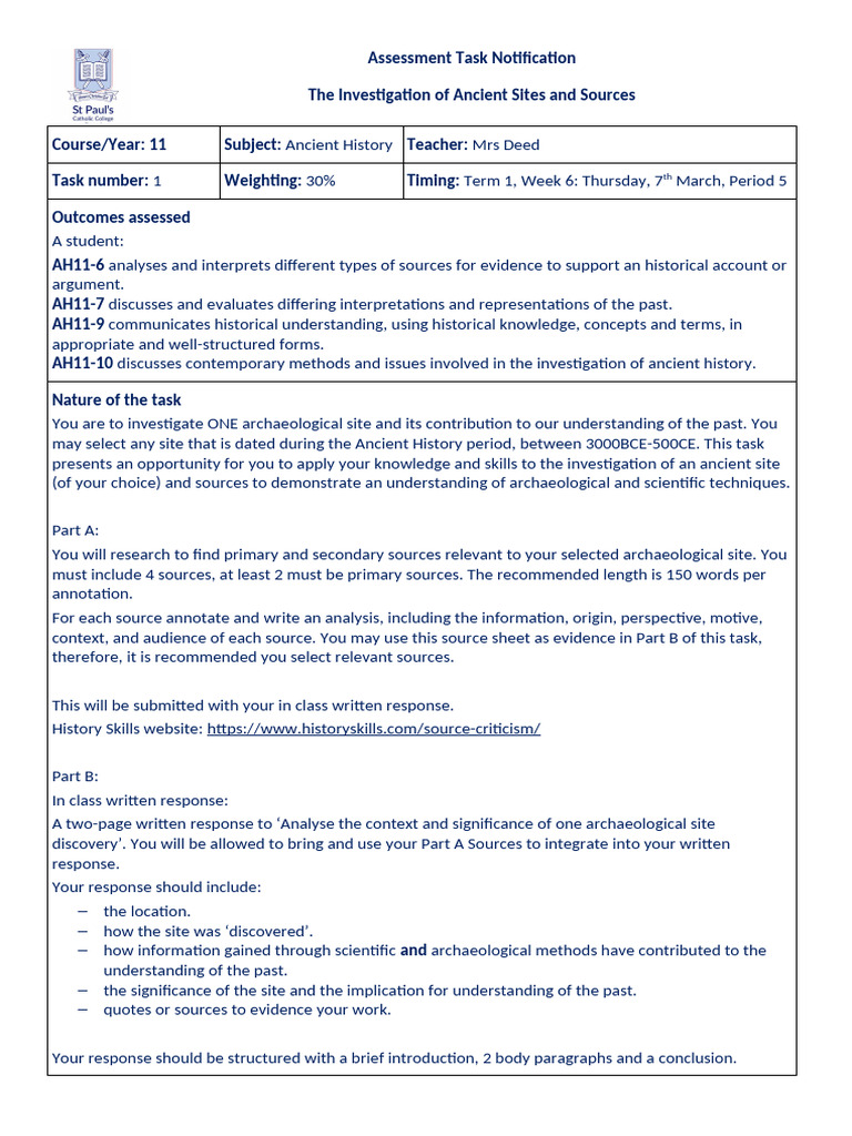 Ancient History Site Investigation Task | PDF | Information | Archaeology