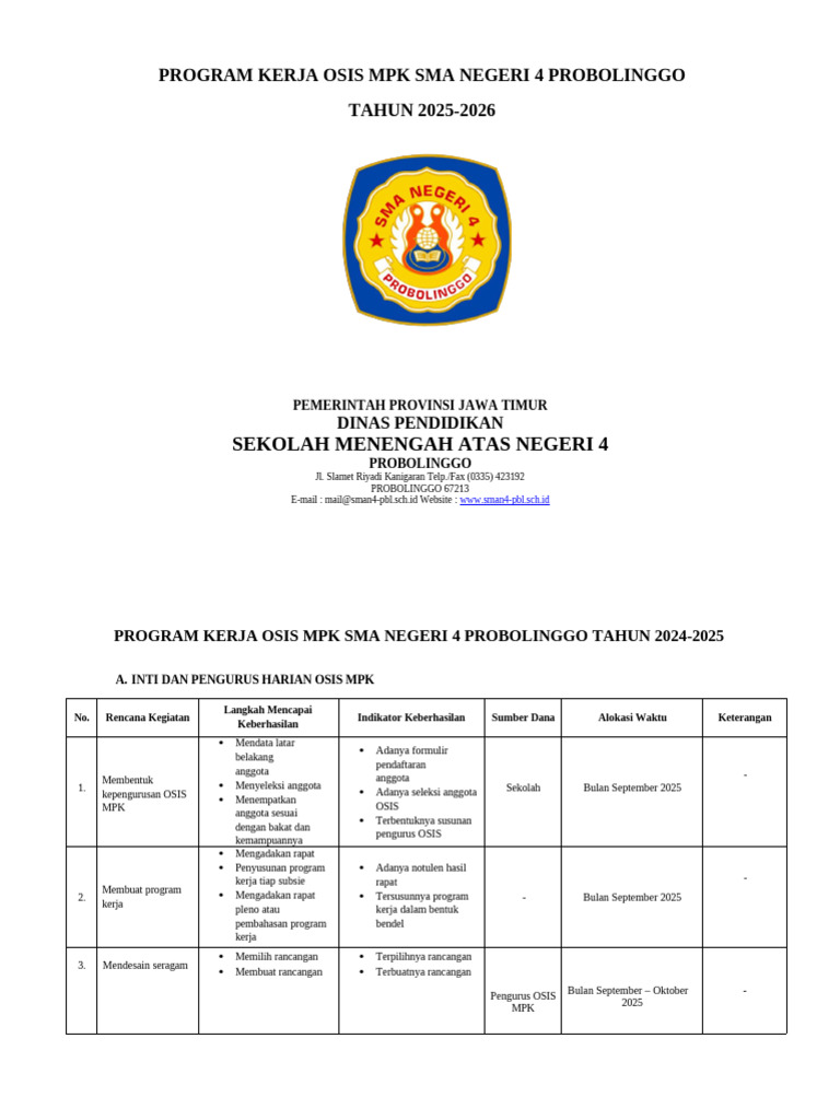 Program Kerja OSIS MPK SMA 4 Probolinggo | PDF