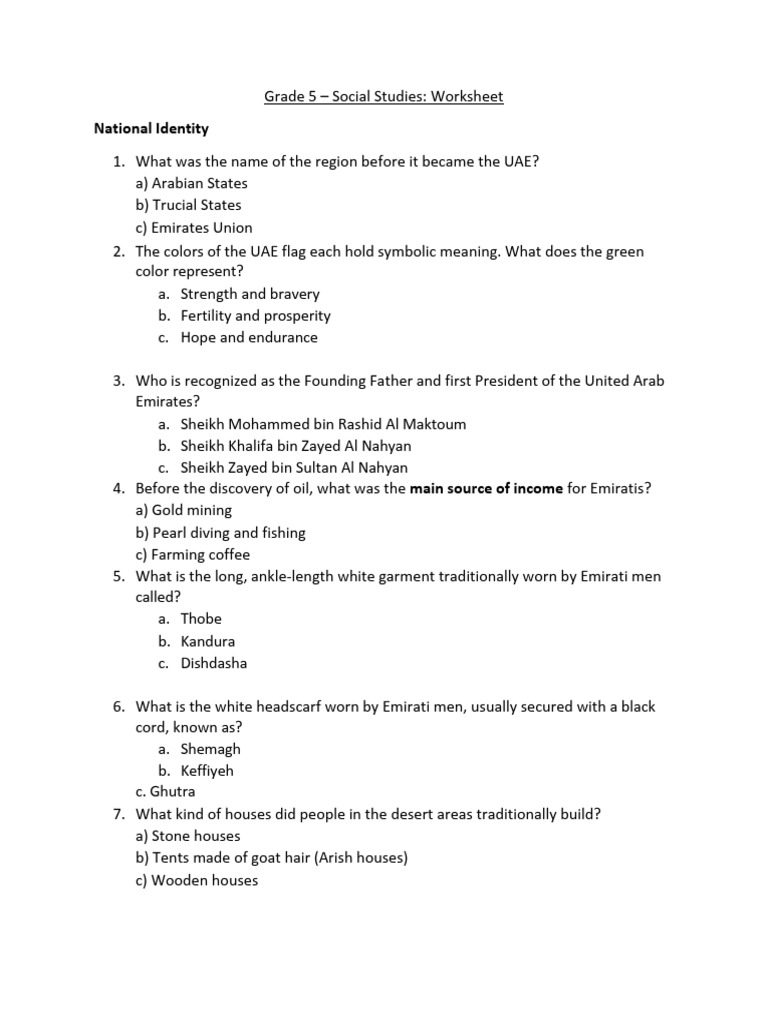 Grade 5 UAE Social Studies Worksheet | PDF | United Arab Emirates
