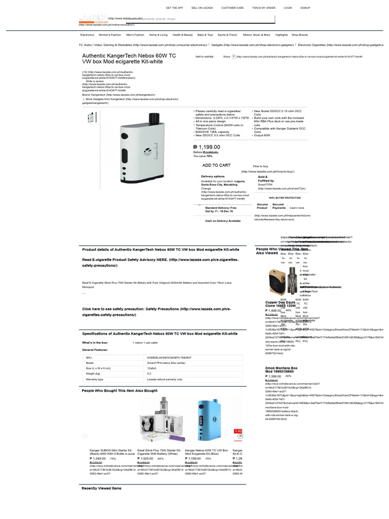 Authentic KangerTech Nebox 60W TC VW Box Mod Ecigarette Kit-White ...
